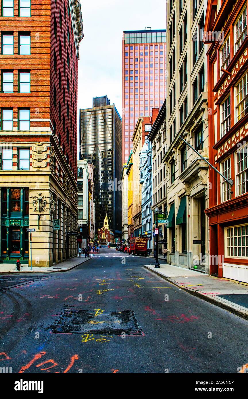 Urban landscape of a typical European street corner with coloful ...