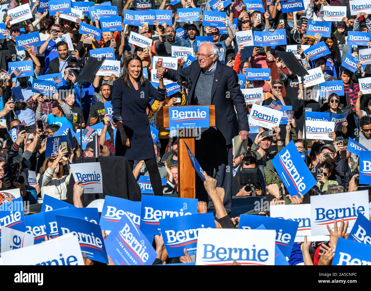 New York, USA, 19 October 2019. Senator Bernie Sanders is welcomed to ...