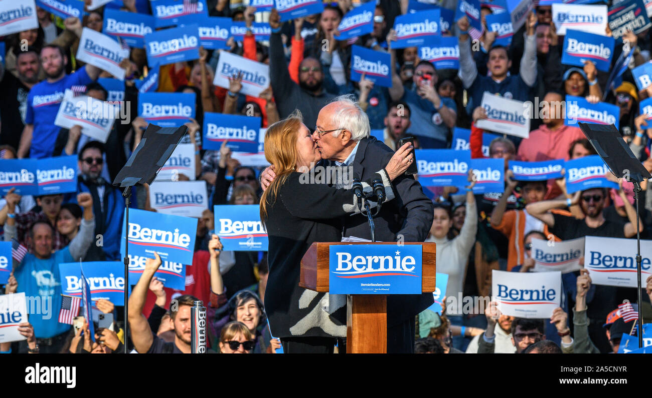 New York, USA, 19 October 2019. Senator Bernie Sanders kisses his wife Jane O'Meara Sanders as ...