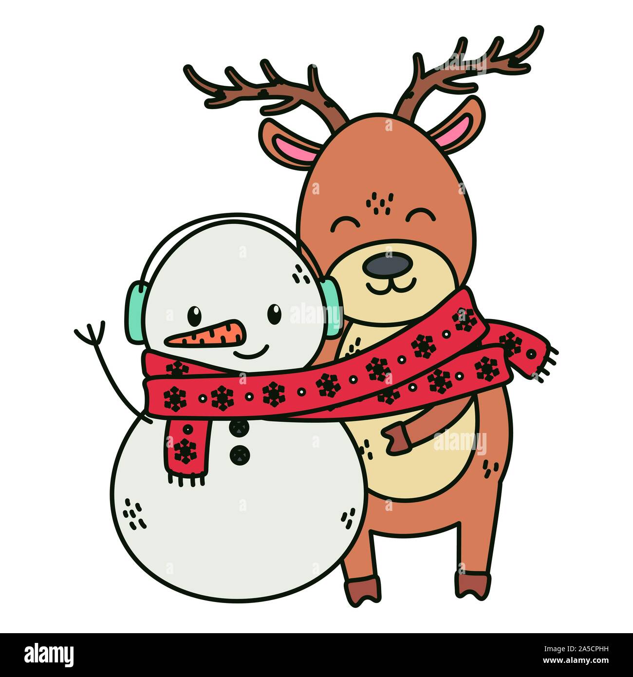 reindeer and snowman with scarf celebration merry christmas vector ...