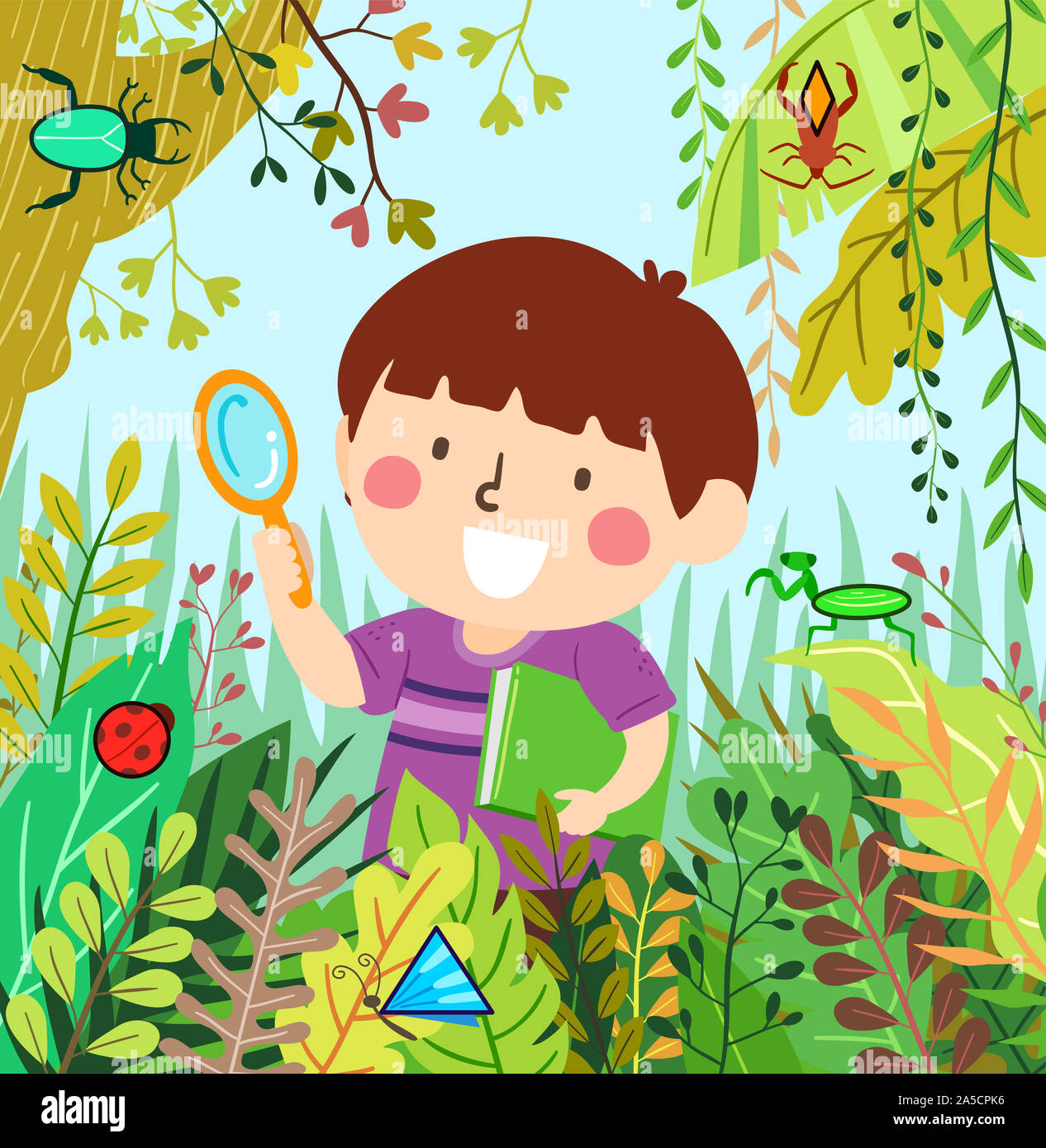 Illustration of a Kid Boy Holding Magnifying Glass and a Book Looking ...