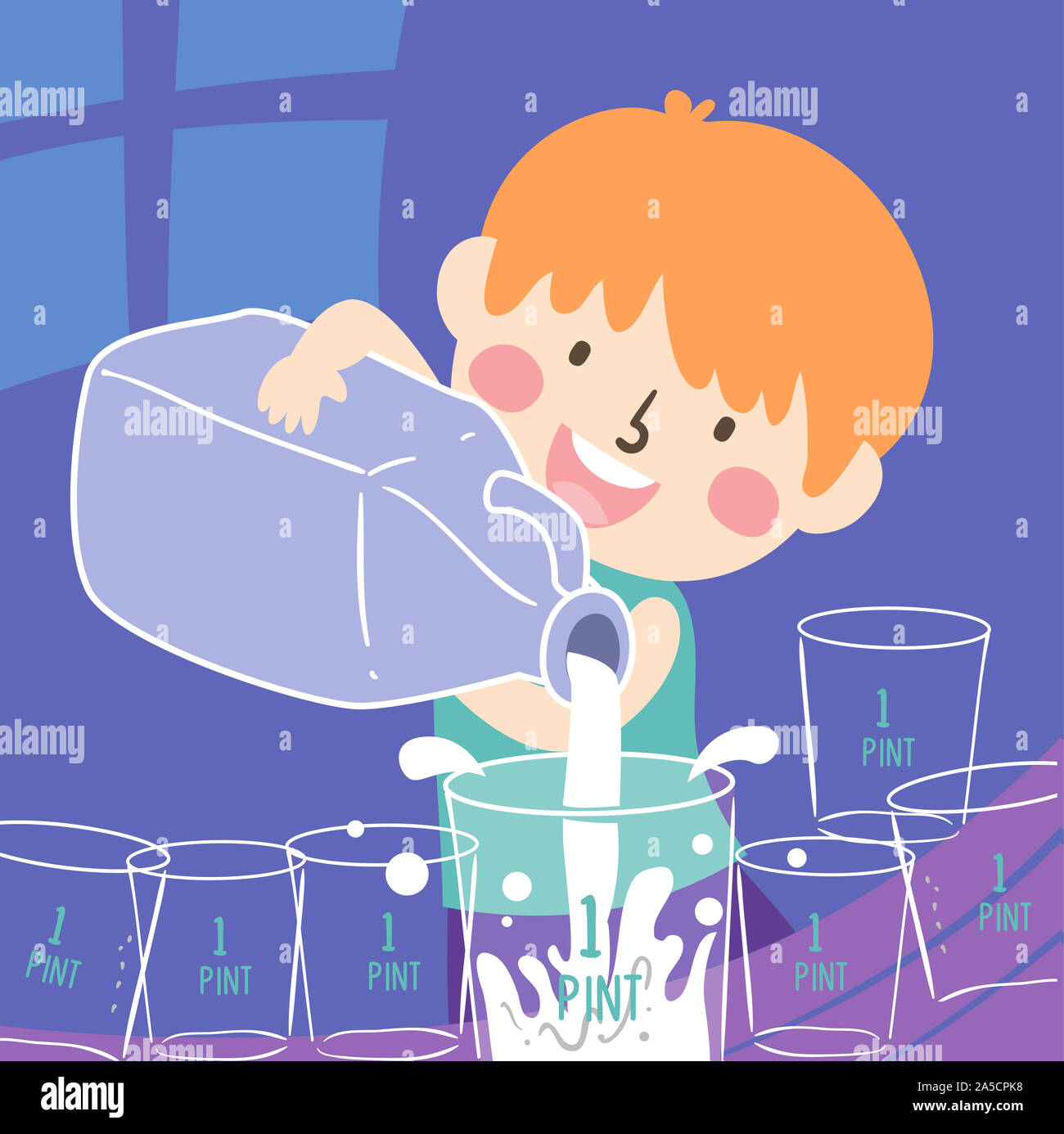 Illustration of a Kid Boy Pouring Water Into Glasses Stock Photo - Alamy