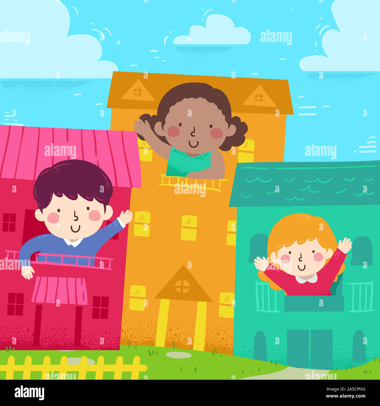 Illustration of Kids Waving from Inside their House Showing Where They ...