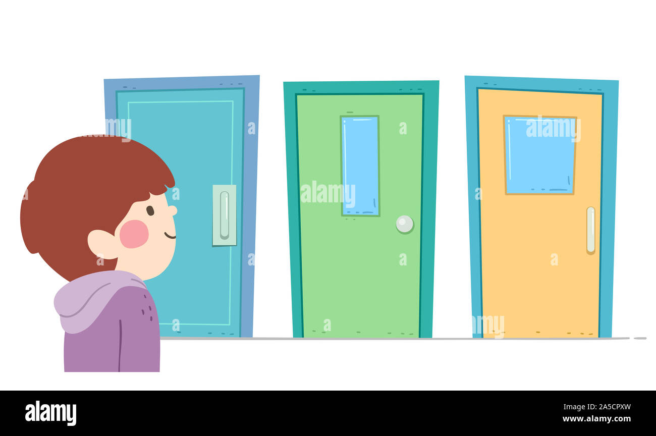 Illustration of a Kid Boy Looking and Choosing Between Three Doors ...