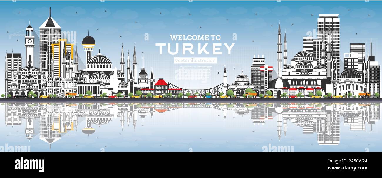 Welcome to Turkey Skyline with Gray Buildings, Blue Sky and Reflections ...
