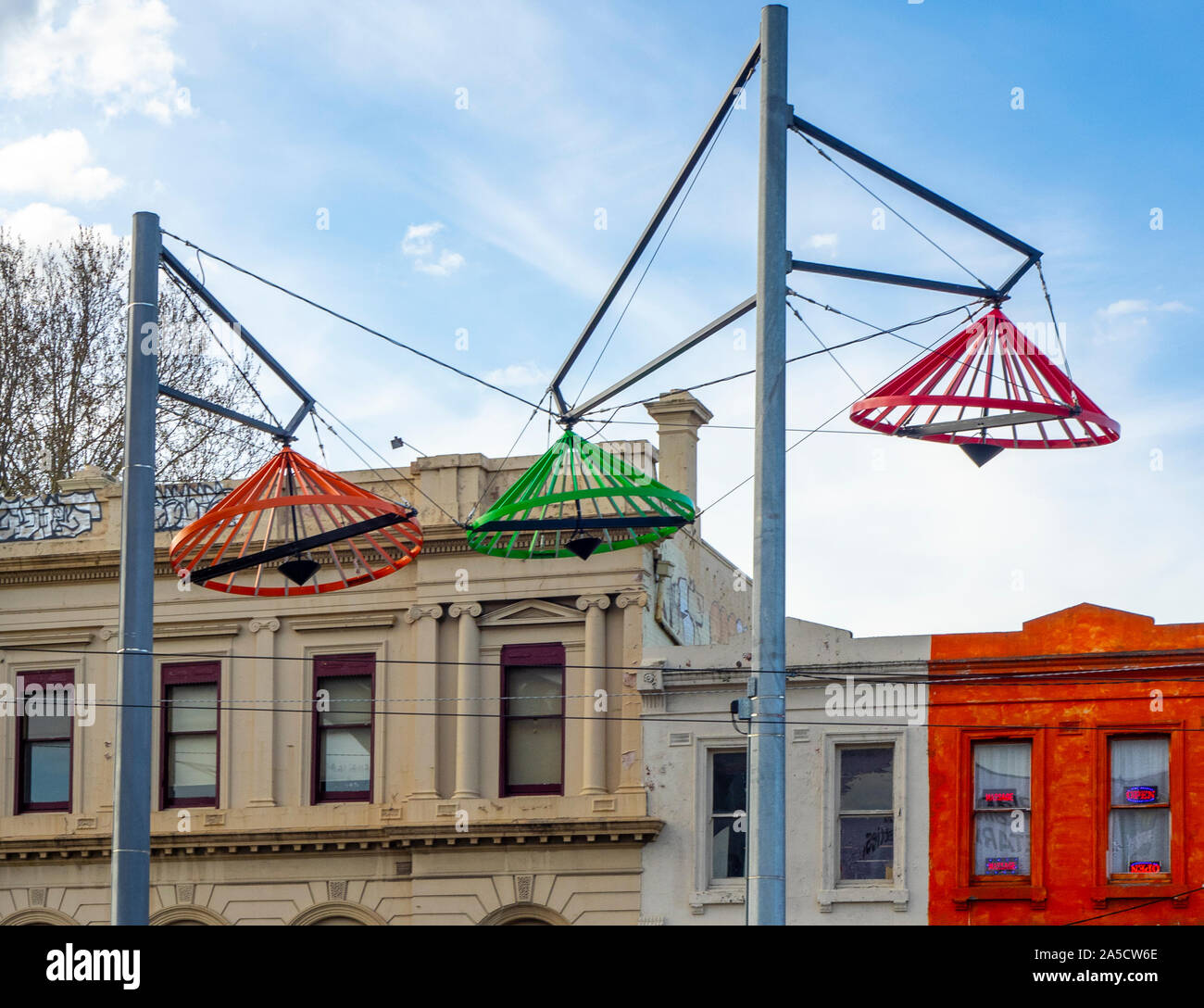 Streetlights of colourful metal conical hats homage to Vietnamese ...