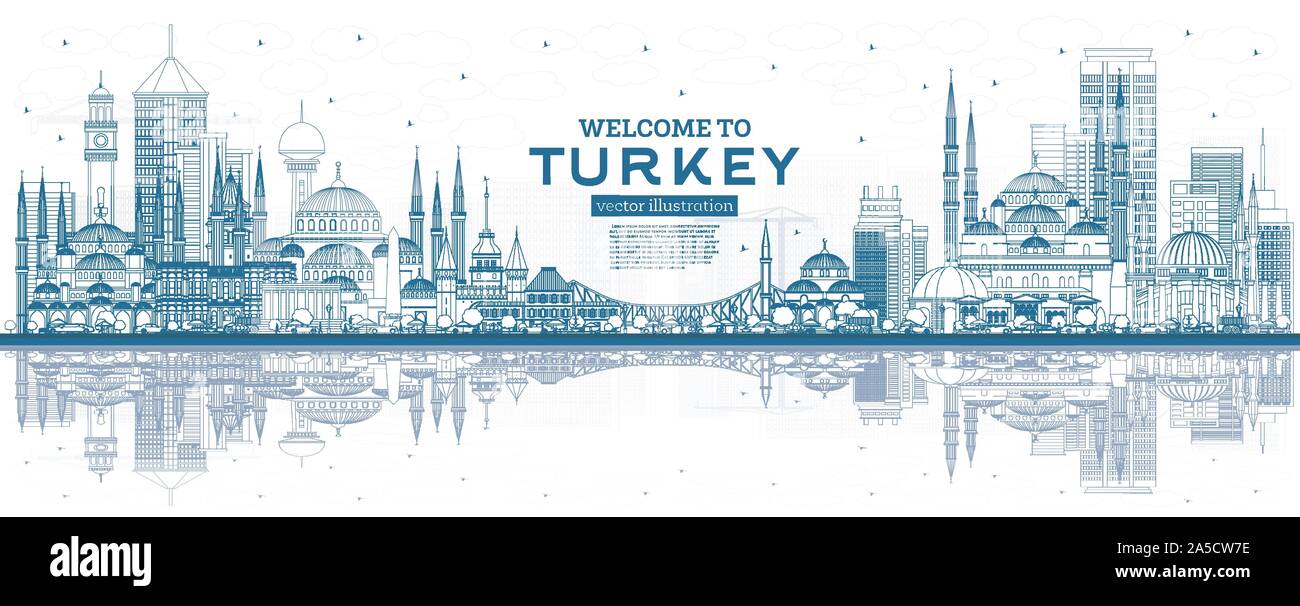 Outline Welcome to Turkey Skyline with Blue Buildings and Reflections ...