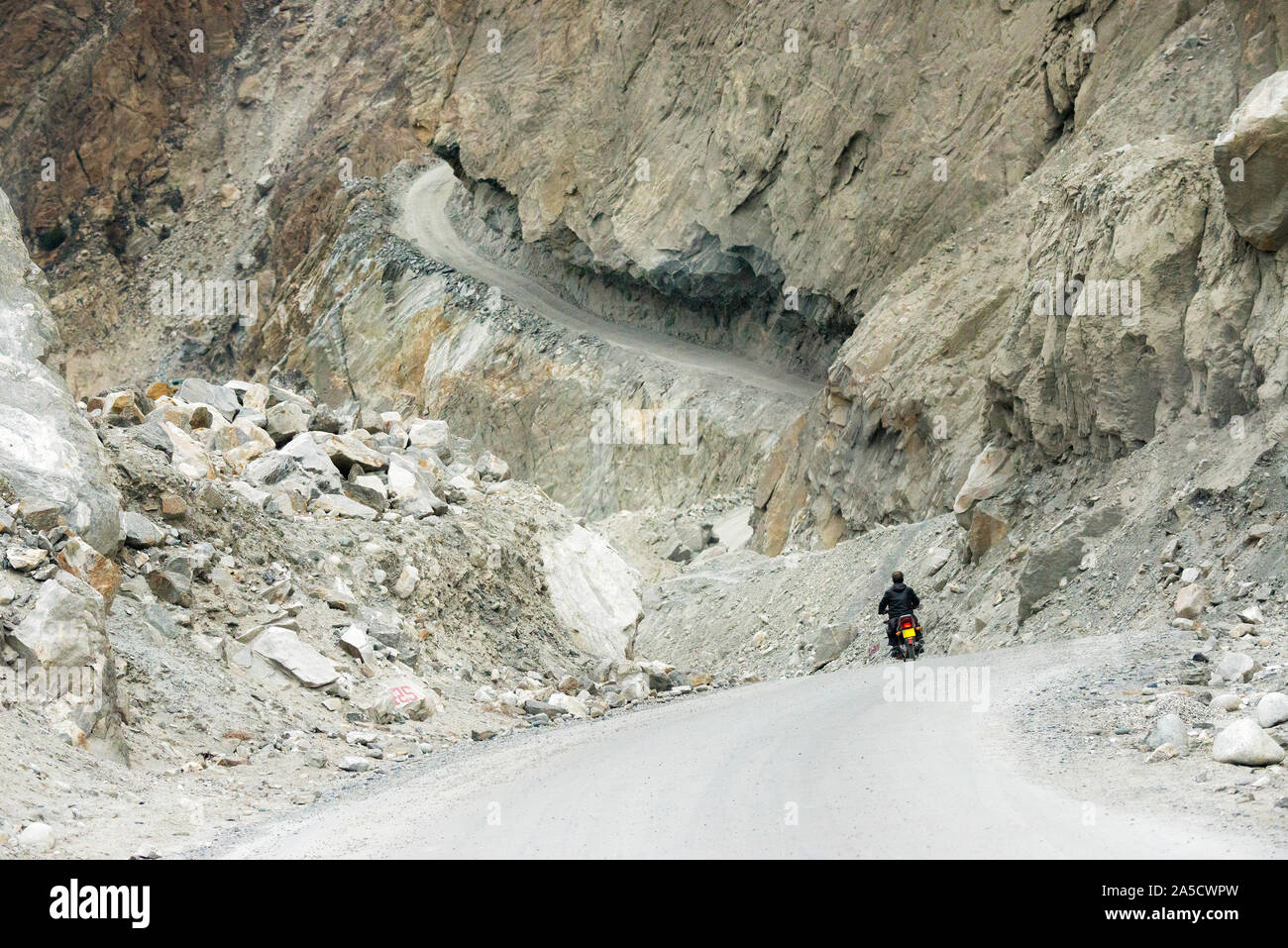 Karakoram Highway (N35), partly still under construction, along the old ...