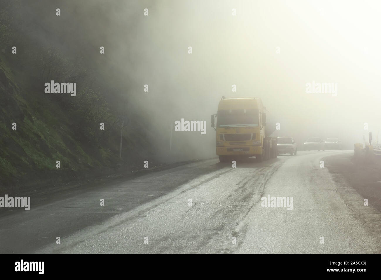 Traffics on the heavy fog road, Thrakus, East Azerbaijan, Iran Stock ...