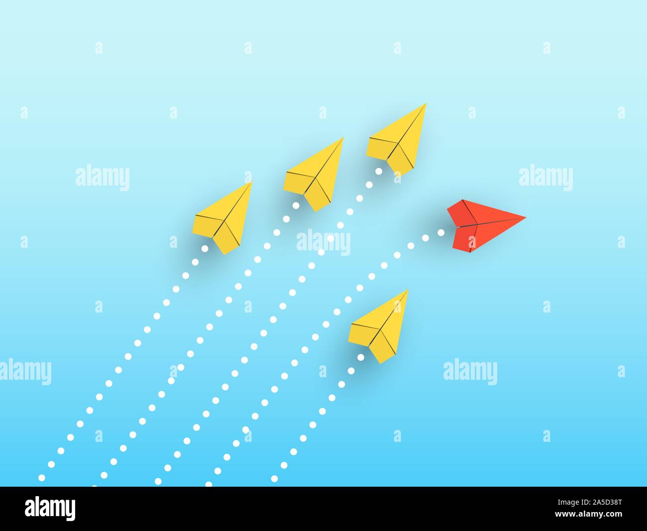 wedge of paper yellow planes flying in one direction, one red paper ...