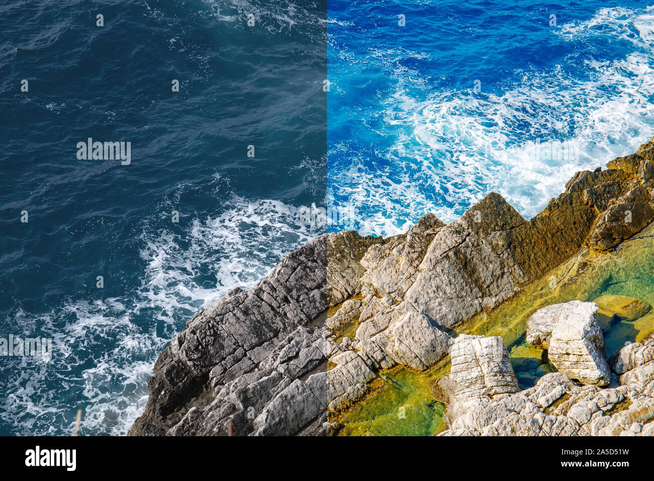 Photo before and after the image editing process. Coastline sea rocks ...