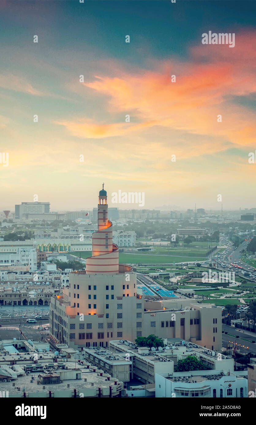 Ariel View of Doha City with Iconic Doha Fanar Mosque sunset time Stock ...
