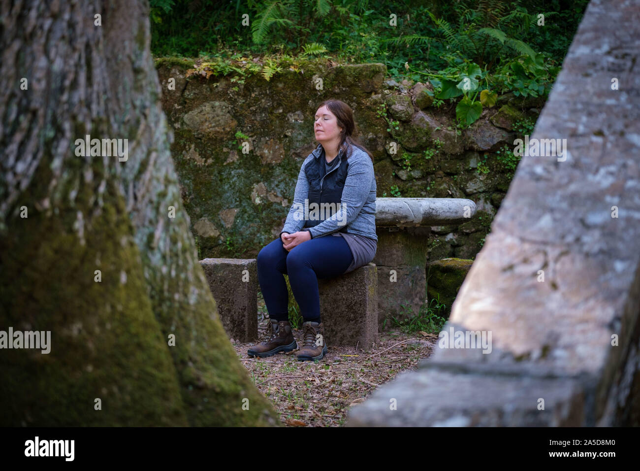 Woman relaxing on a park bench with eyes closed during a forest bathing ...