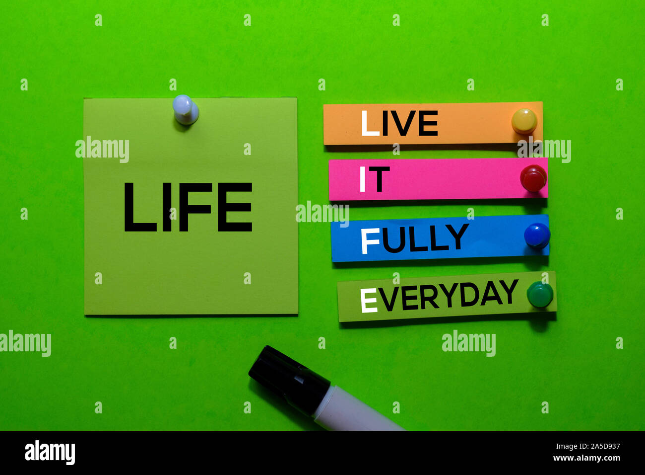LIFE. Live it Fully Everyday acronym on sticky notes. Office desk ...