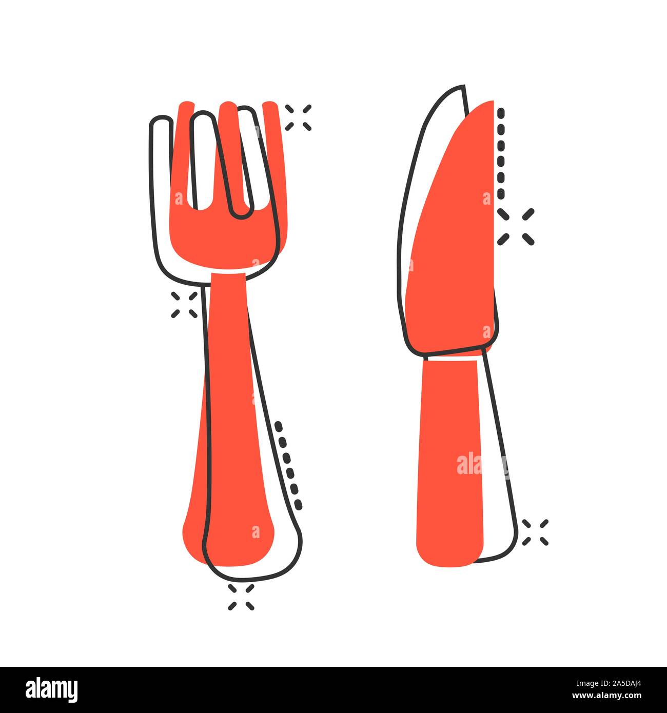 Fork and knife restaurant icon in comic style. Dinner equipment vector ...