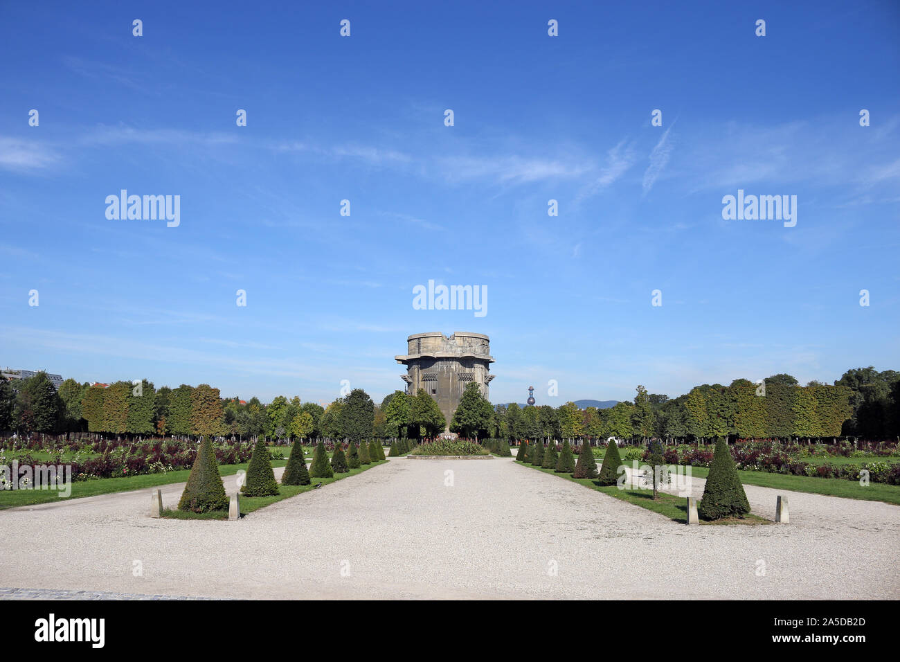Anti aircraft tower Flakturm in Augarten park landscape Vienna Austria ...