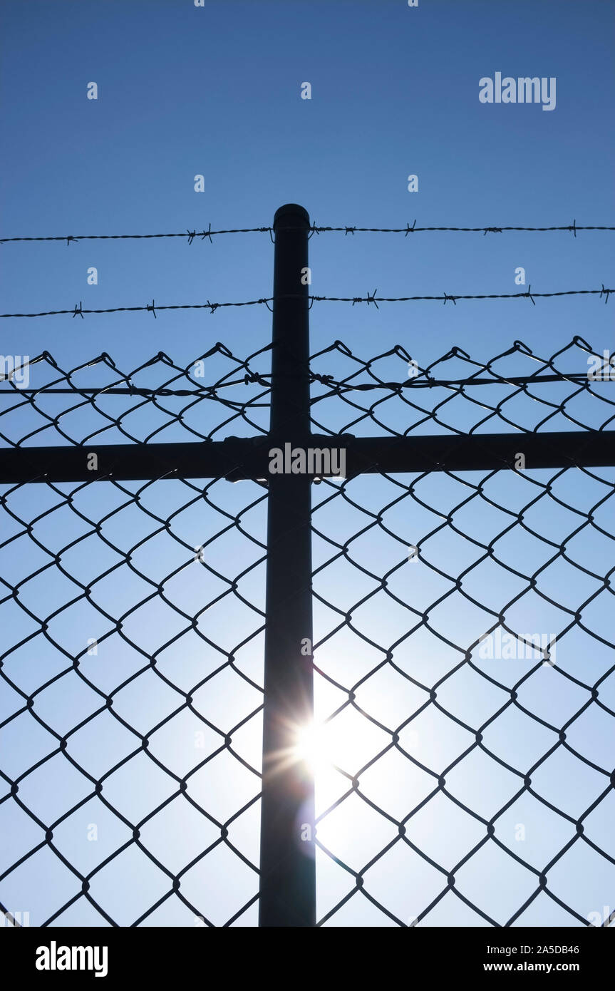 Wire fence with barbed wire and sun flare Stock Photo - Alamy