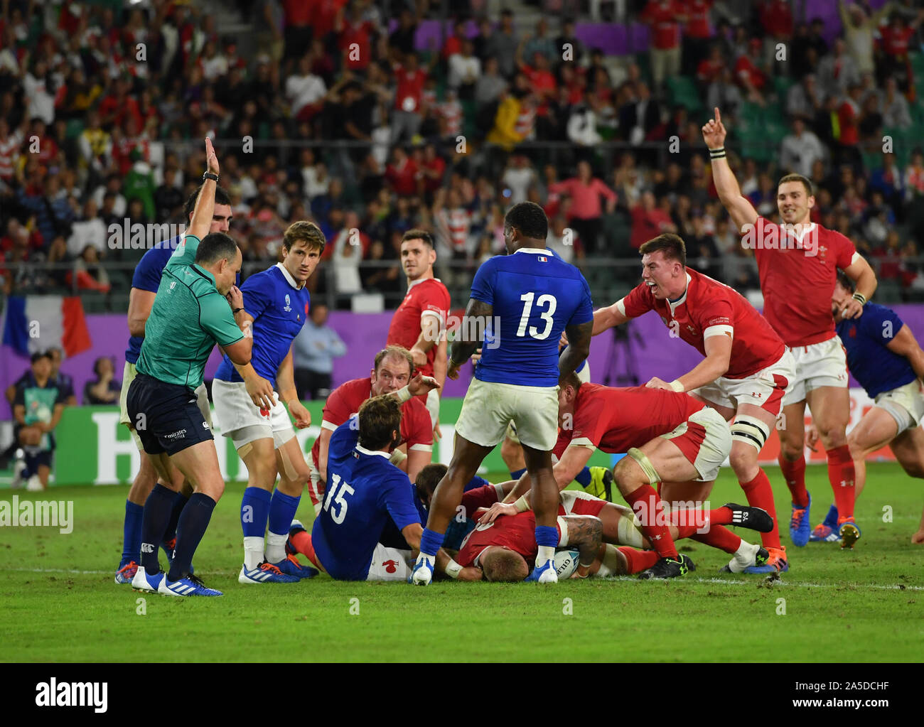 Wales' Ross Moriarty scores his sides second try during the 2019 Rugby ...