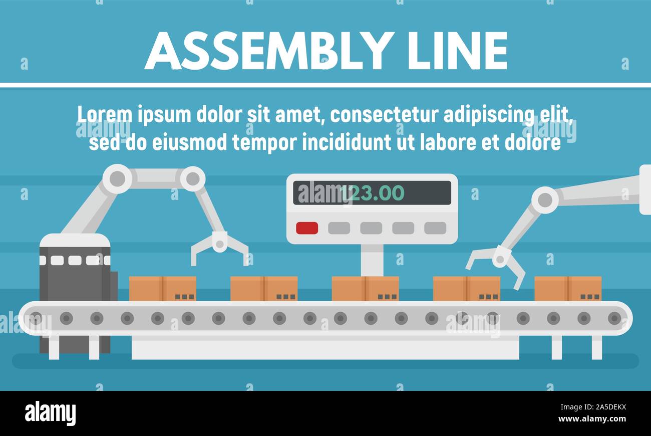 Carton parcel assembly line concept banner. Flat illustration of carton ...