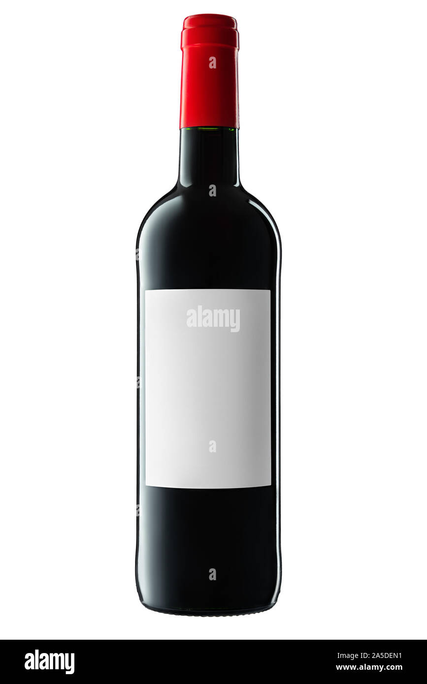 Wine bottle with label and red wine isolated on white background Stock ...