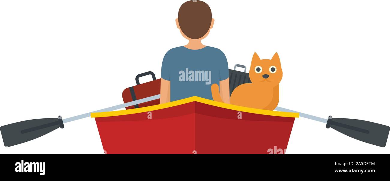 Man in boat after flood icon. Flat illustration of man in boat after ...