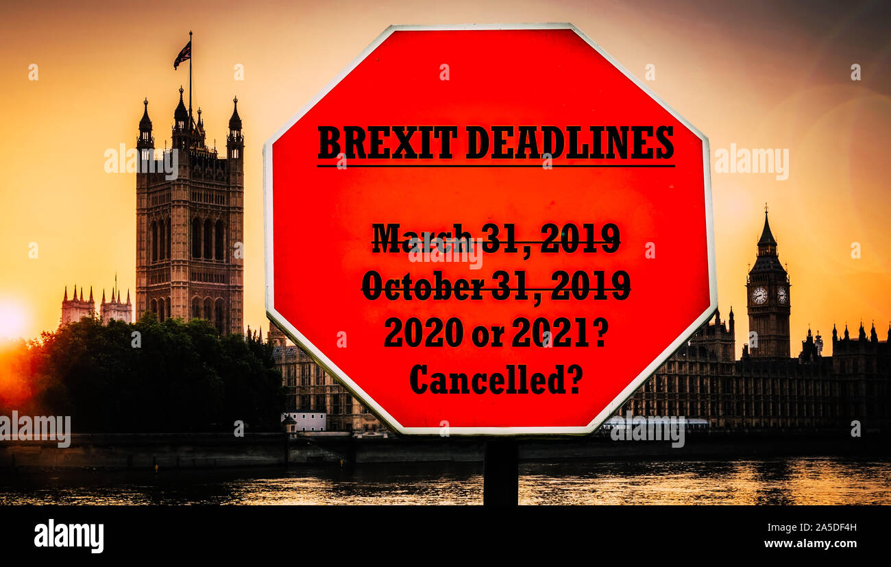 Brexit deadlines past and future written on stop-sign with Houses of ...