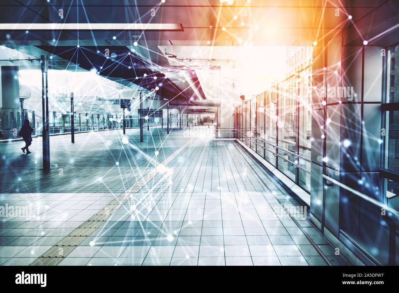 Concept of communication and technology. Modern architecture with light ...