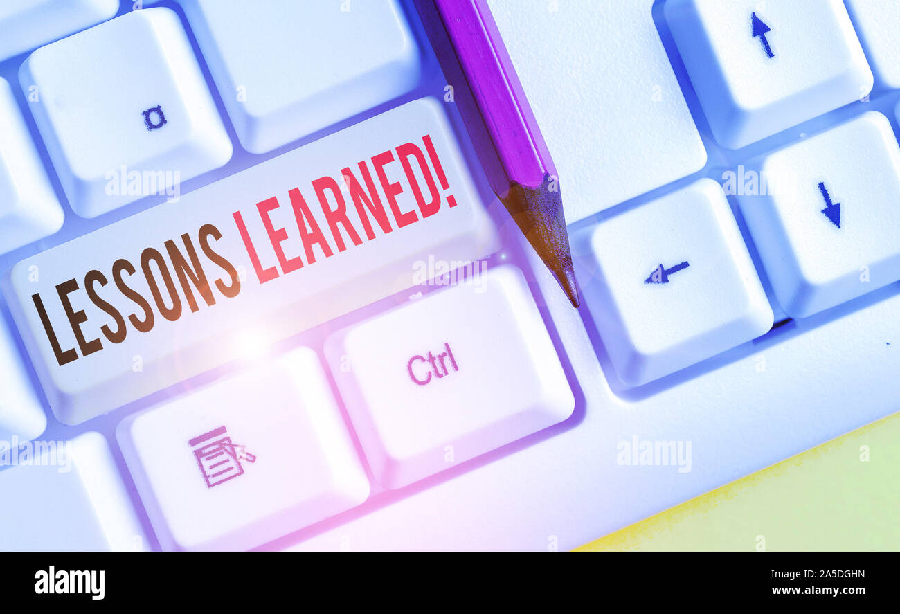 Word writing text Lessons Learned. Business photo showcasing experiences distilled project that ...