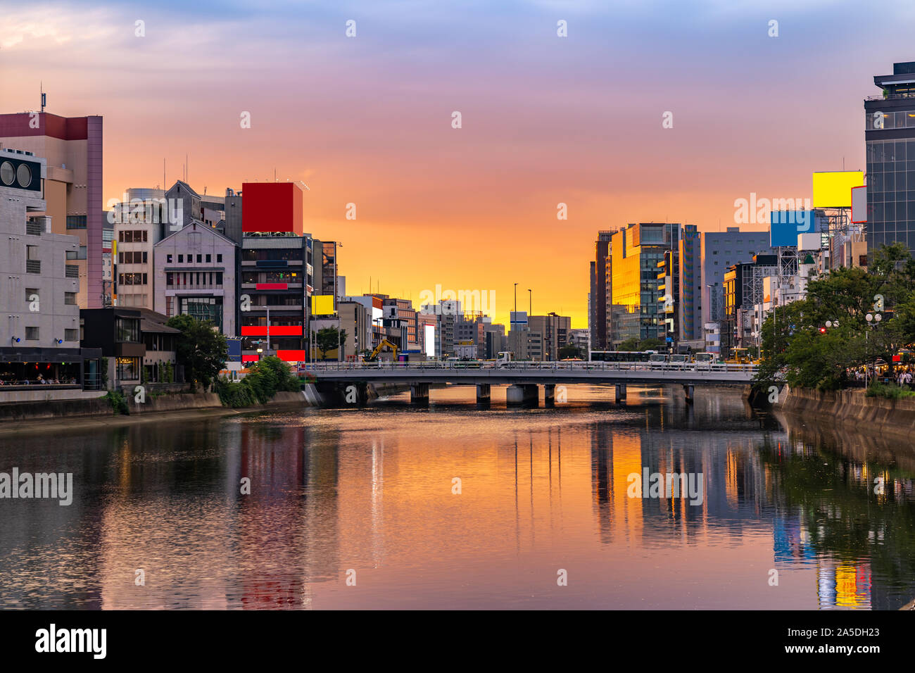 Fukuoka old town along naka river at Nakasukawabata sunset twilight ...