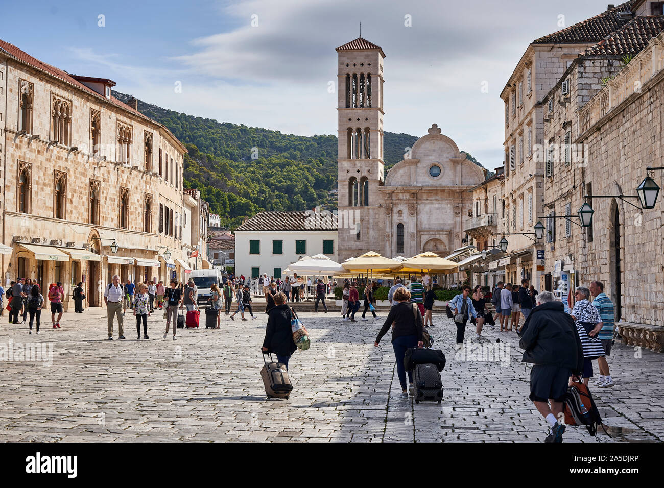 St Stephen's Cathedral bell tower Pjaca town square Hvar island Croatia ...