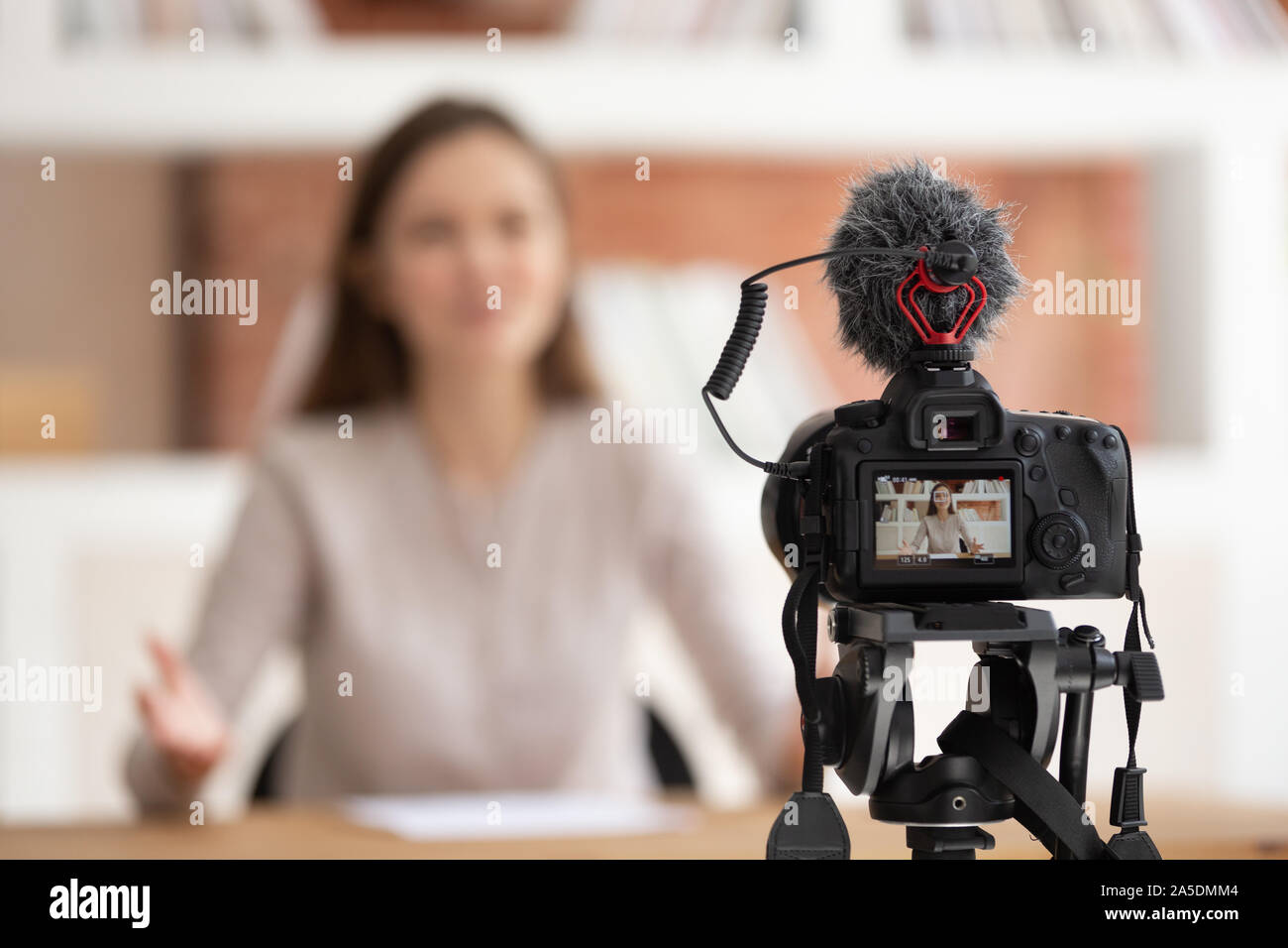 Woman seated in front of camera filming educational video Stock Photo ...
