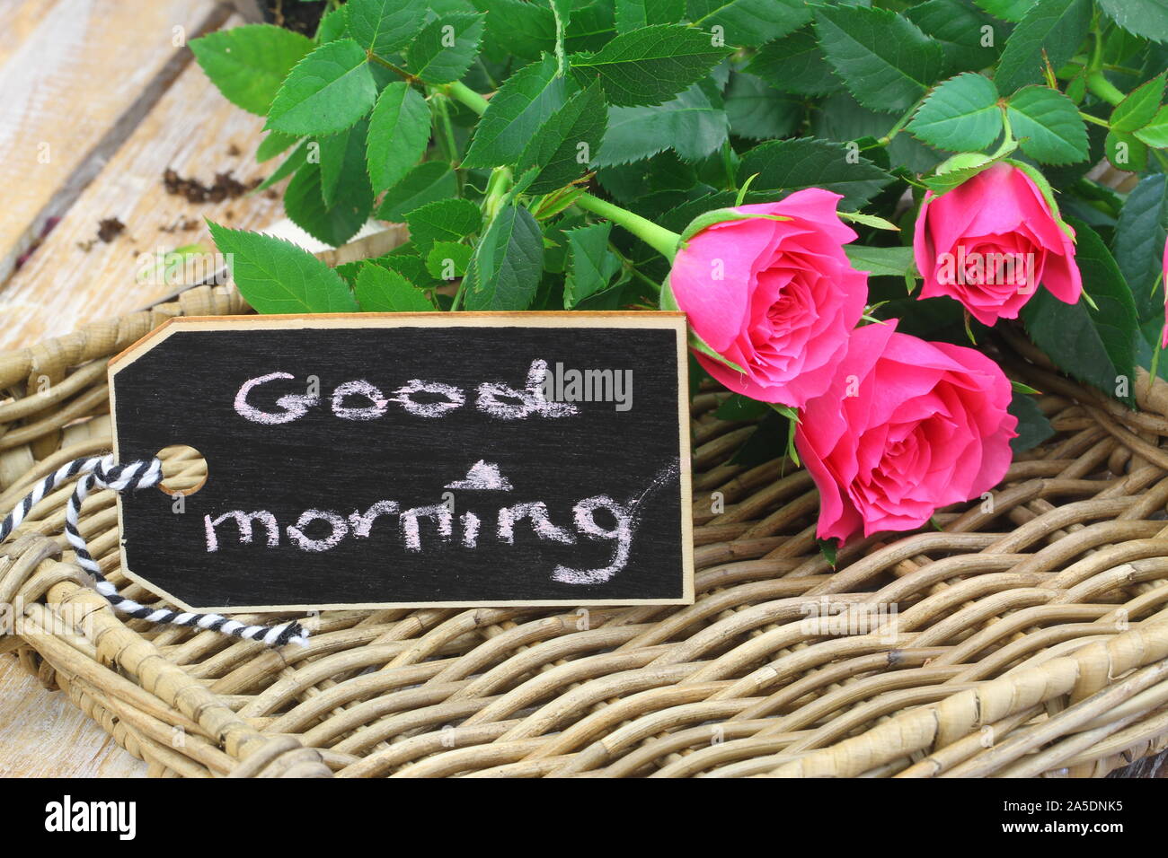 Good morning written on mini blackboard with wild pick roses on wicker ...