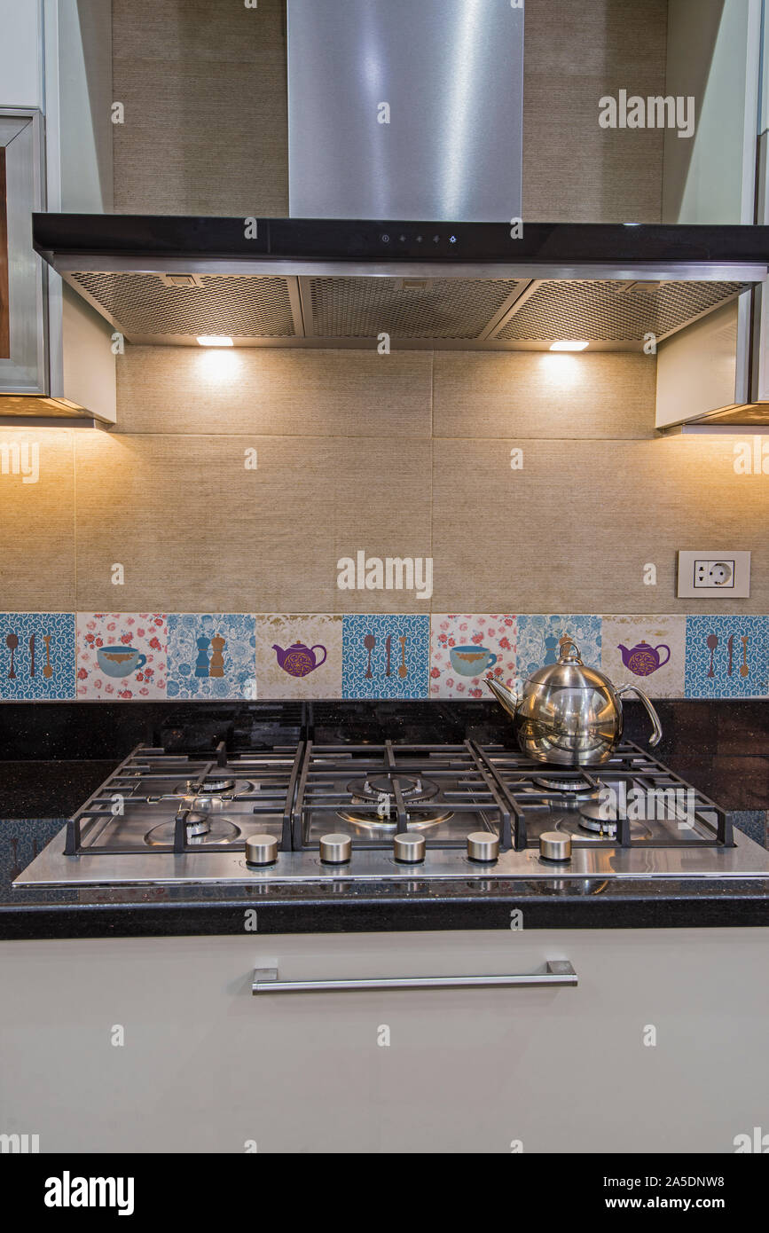 Interior design decor showing modern kitchen cooker hob appliance with ...
