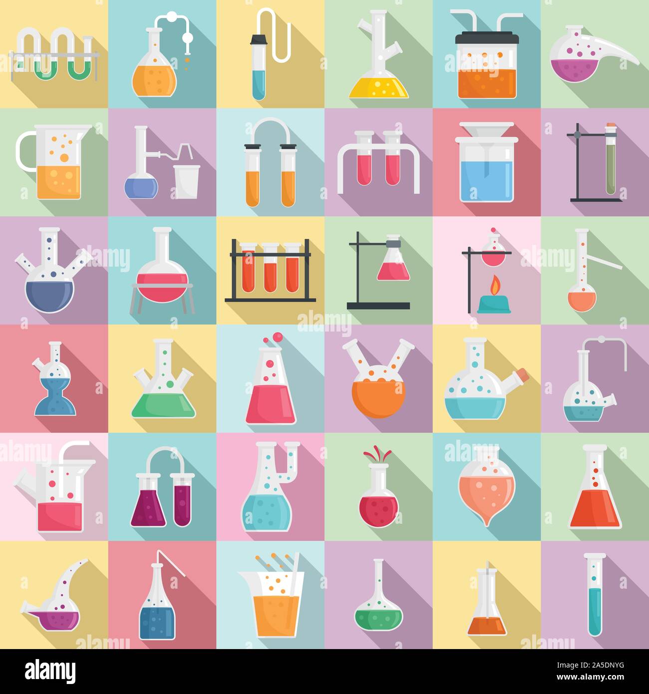 Chemical laboratory experiment icons set. Flat set of chemical ...