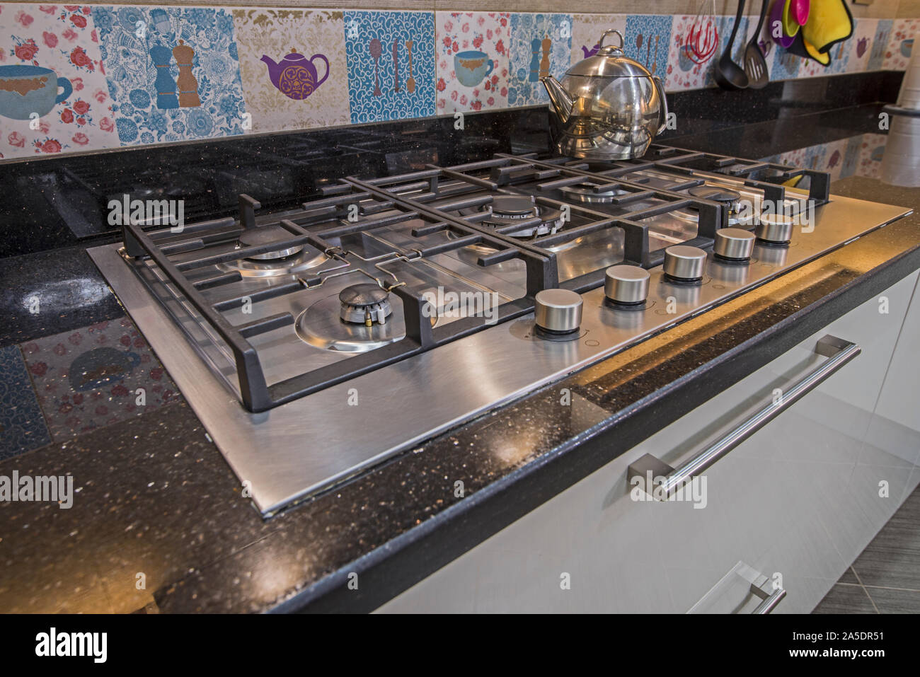 Interior design decor showing modern kitchen gas cooker hob appliance ...