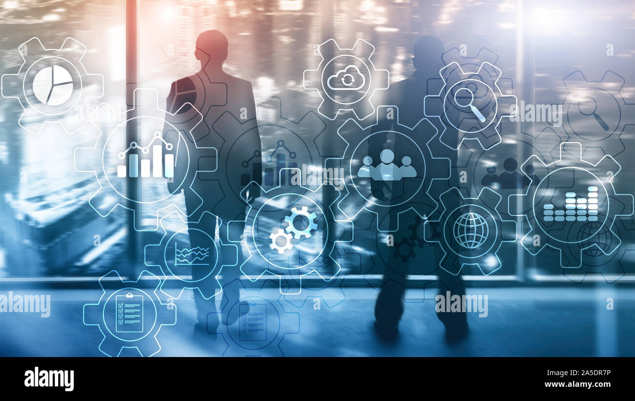 Business process abstract diagram with gears and icons. Workflow and ...