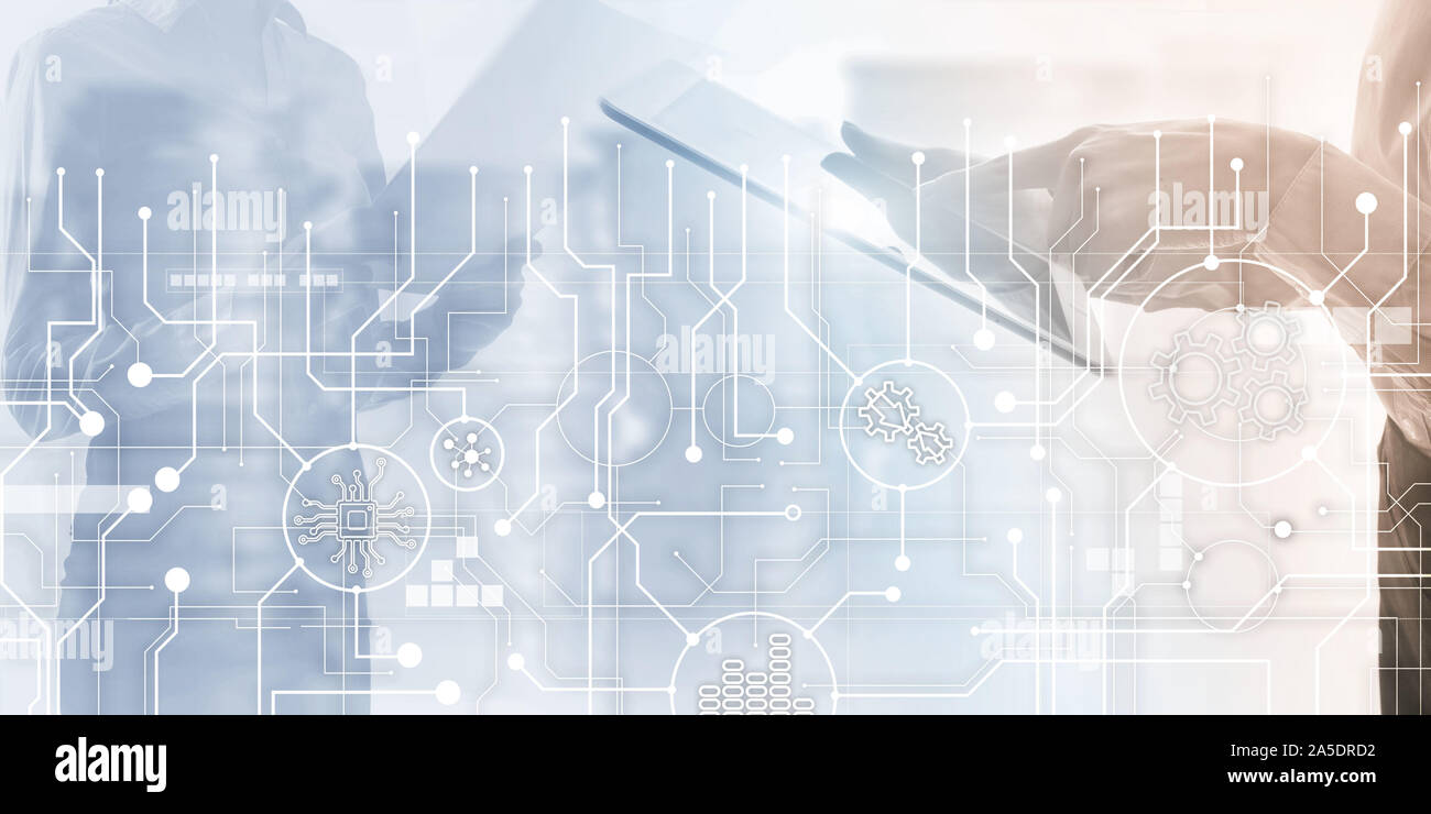 Electronic circuit board processor and gears on abstract business ...