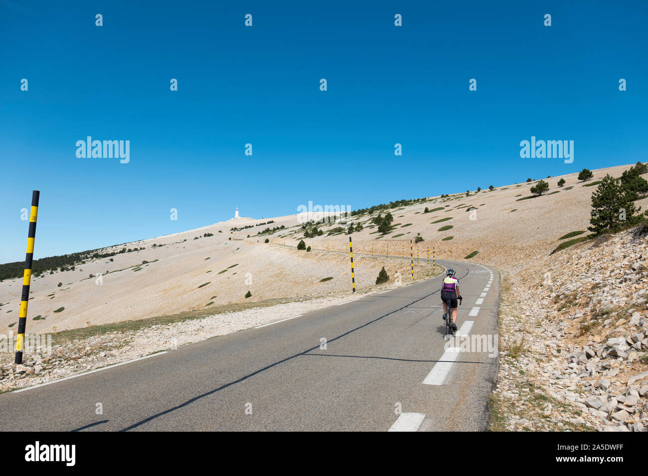 Female road cyclist climbing Mont Ventoux, Provence, France Stock Photo ...