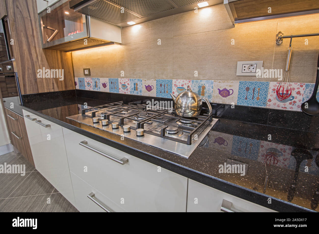 Interior design decor showing modern kitchen cooker hob appliance with ...