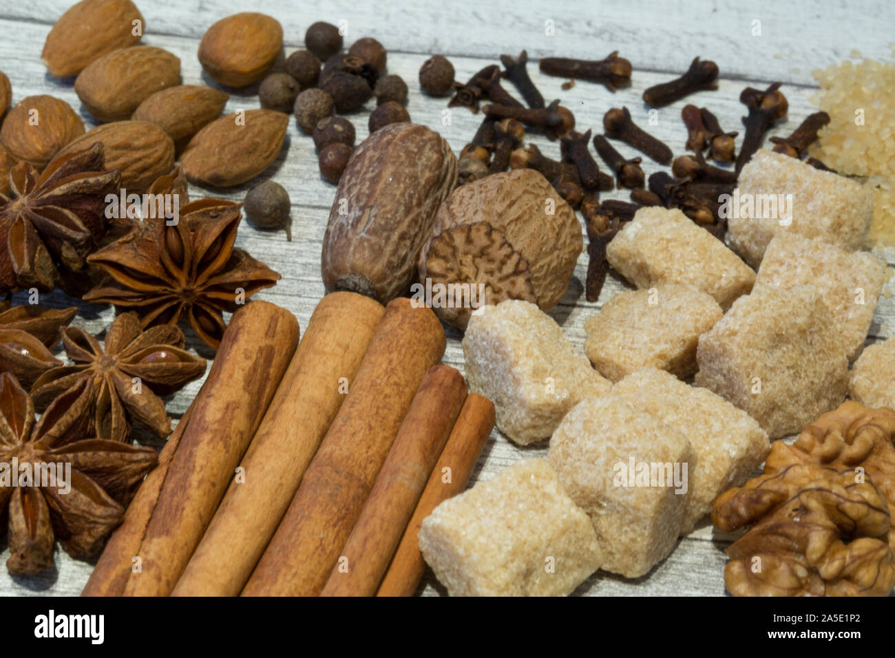 Assortment of nuts and spices, mix of various kinds of nuts, like ...