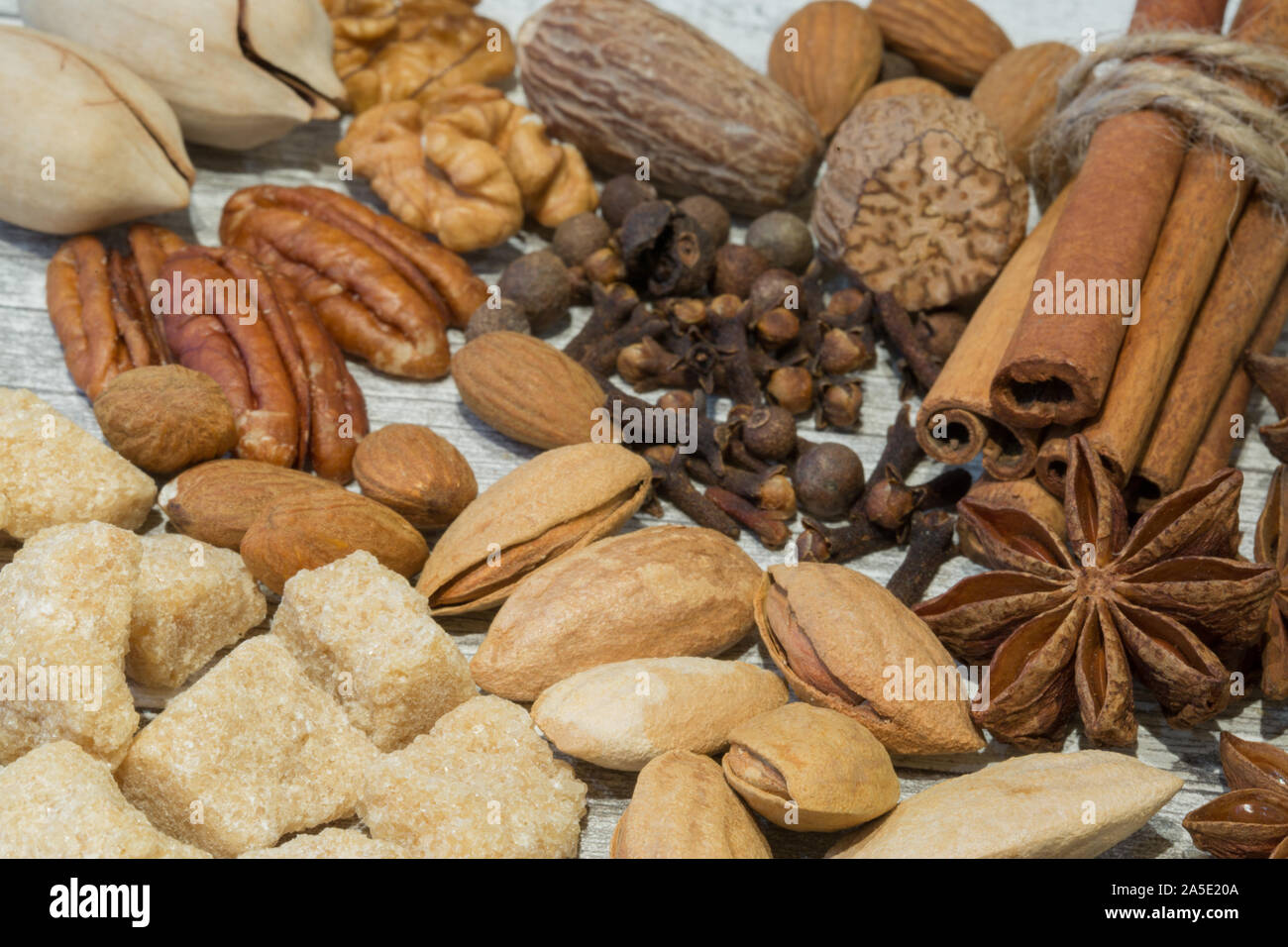 Assortment of nuts and spices, mix of various kinds of nuts, like ...