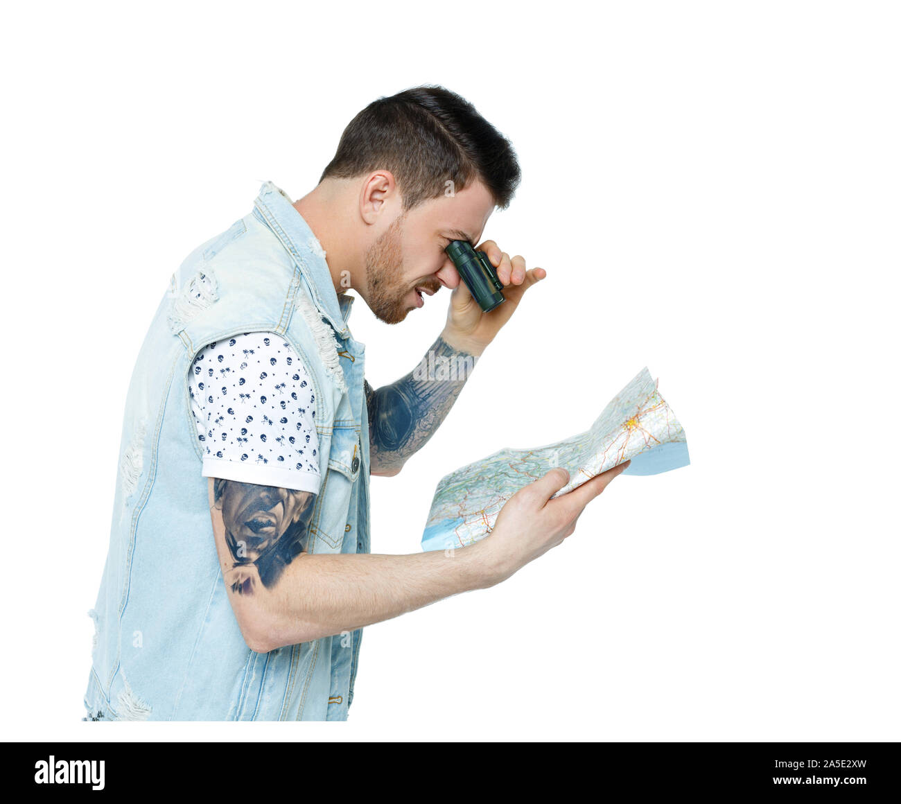 man with a map. Front view. Isolated on white background. Tattooed guy ...