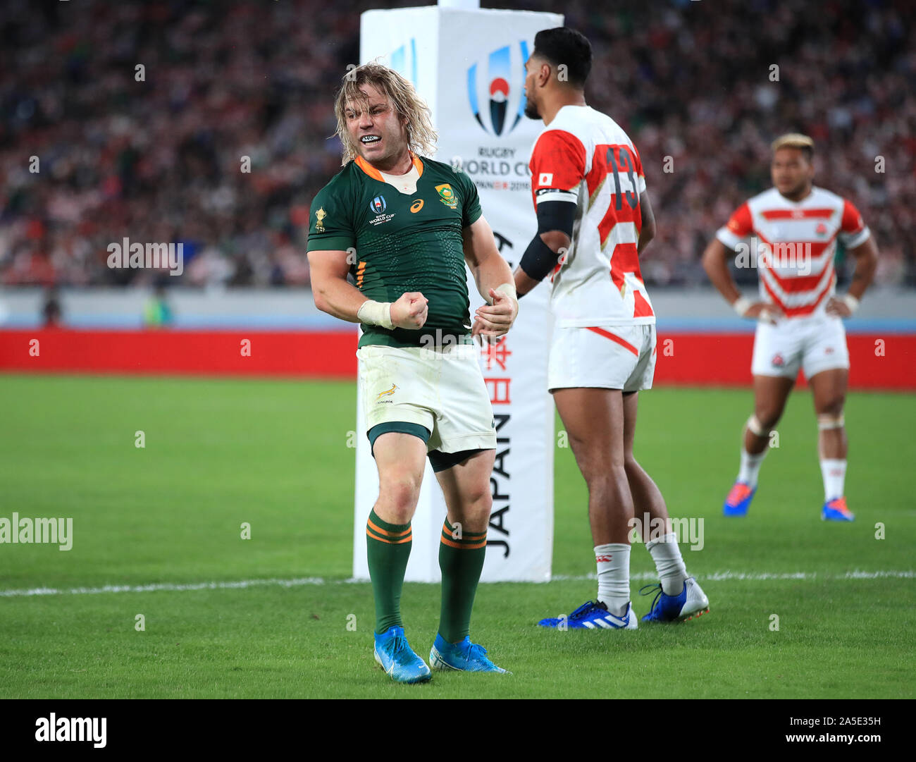 South Africa's Faf de Klerk celebrates scoring his side's second try ...