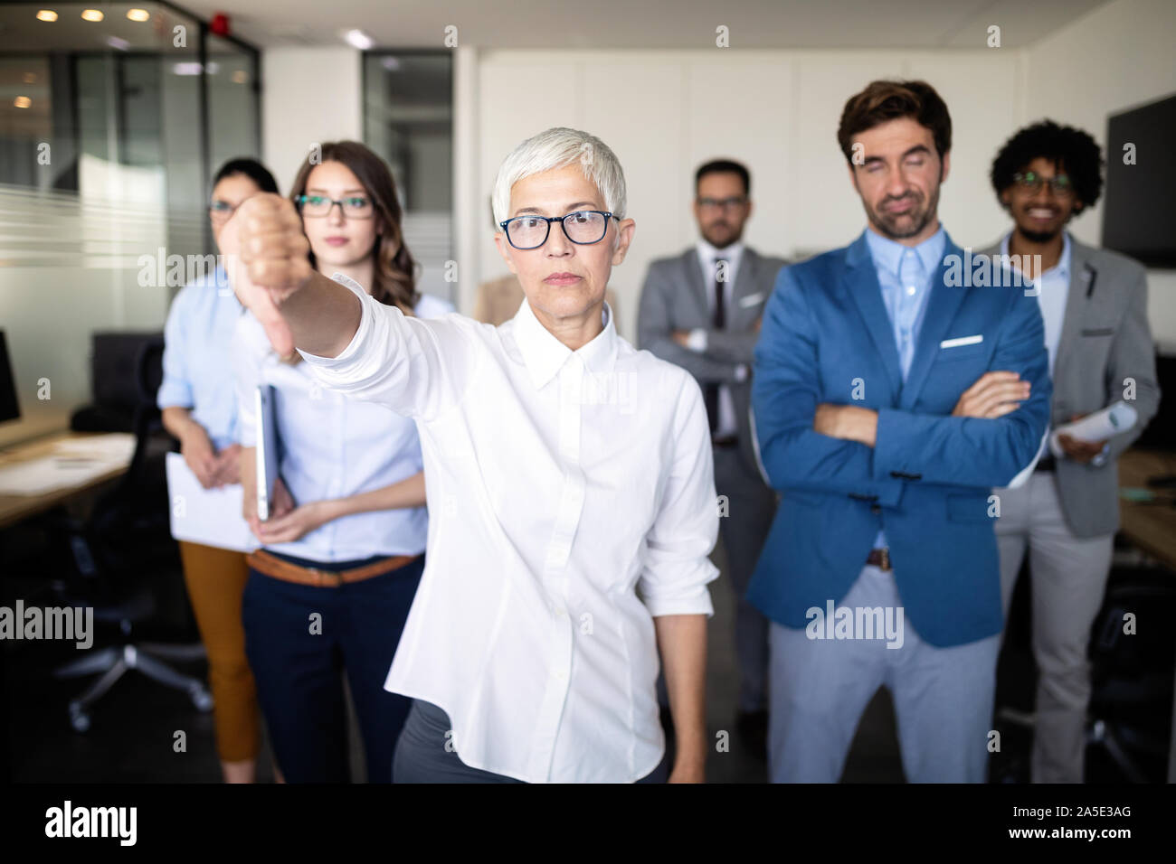 Group of unsuccessful business people and badly managed company leads ...