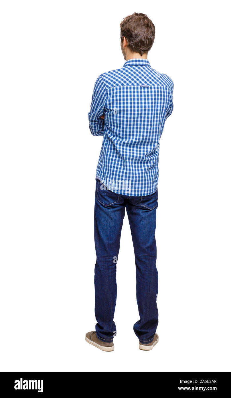 Back view of man in dark jeans. Standing young guy. Rear view people ...
