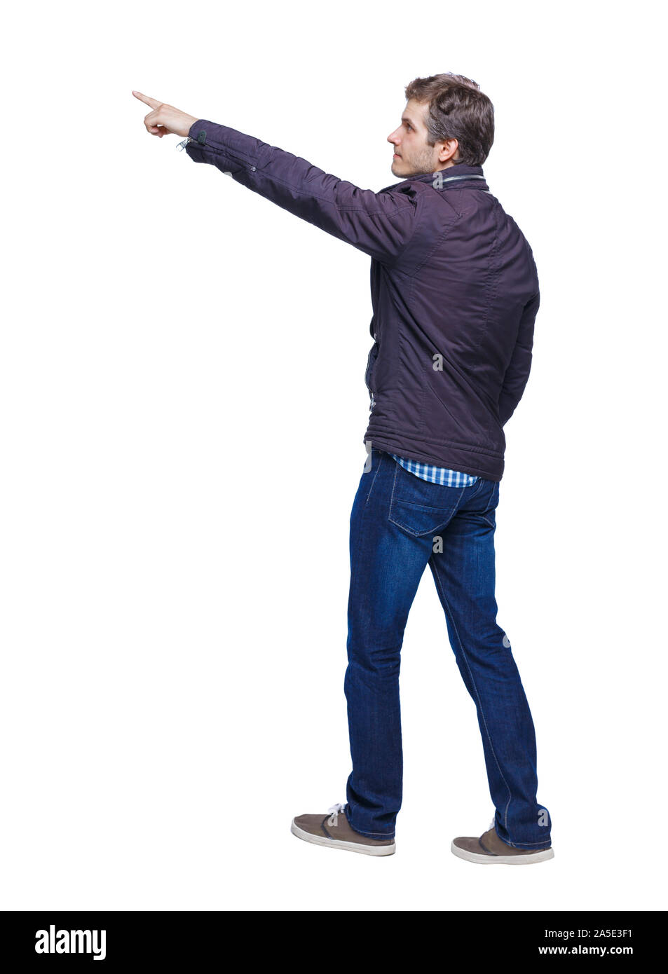 Back view of a man walking with a pointing hand. going guy showing ...