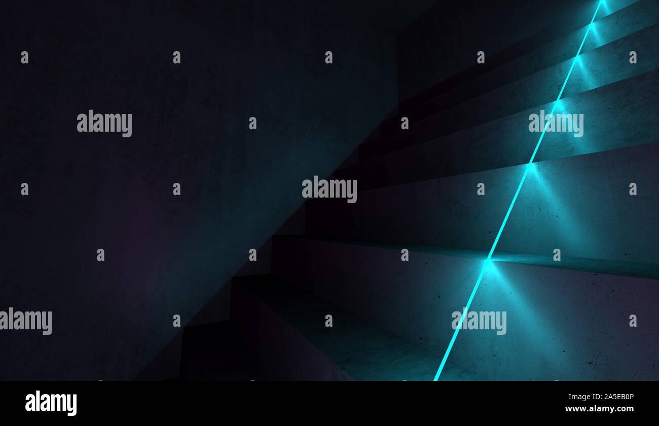 Abstract dark interior background with concrete stairs and blue neon ...