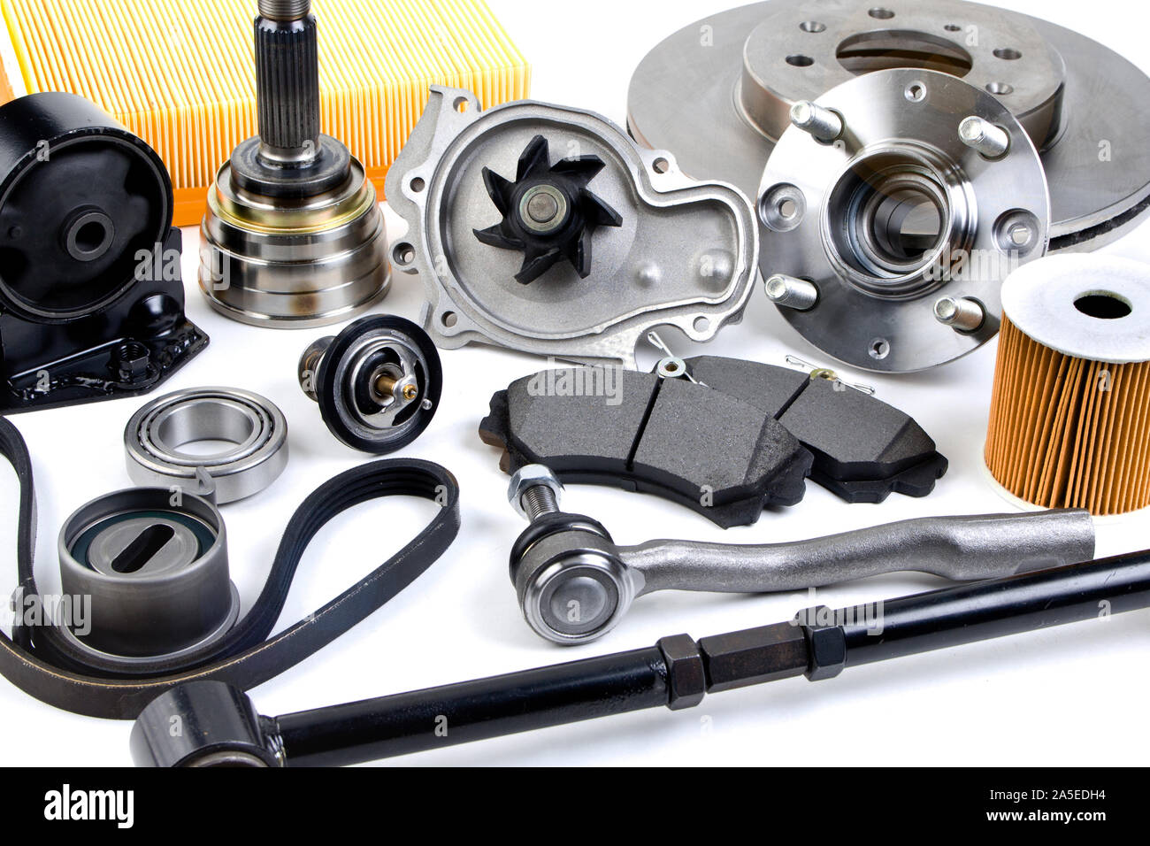 Auto parts background. Hub, pump, brake pads, filter, timing belt ...