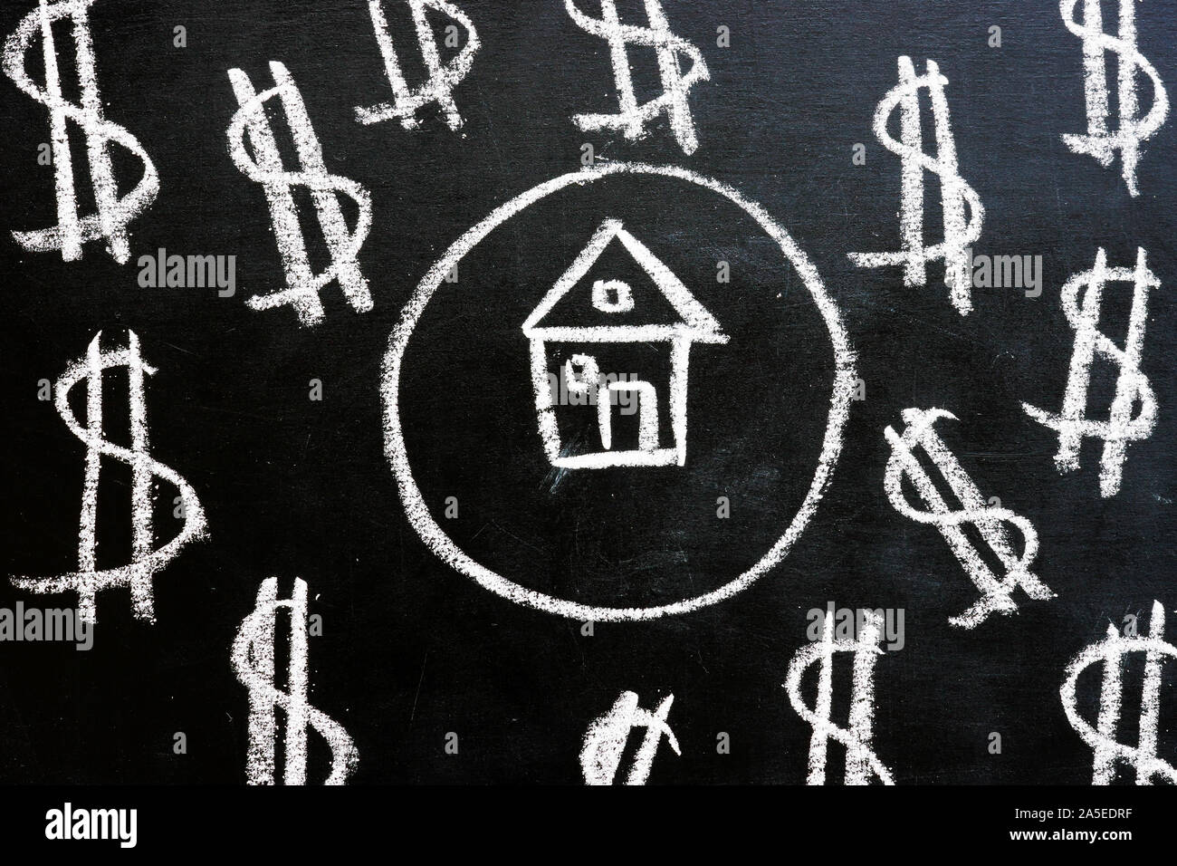 Loan and property investment. Chalk drawn house and dollar signs Stock ...