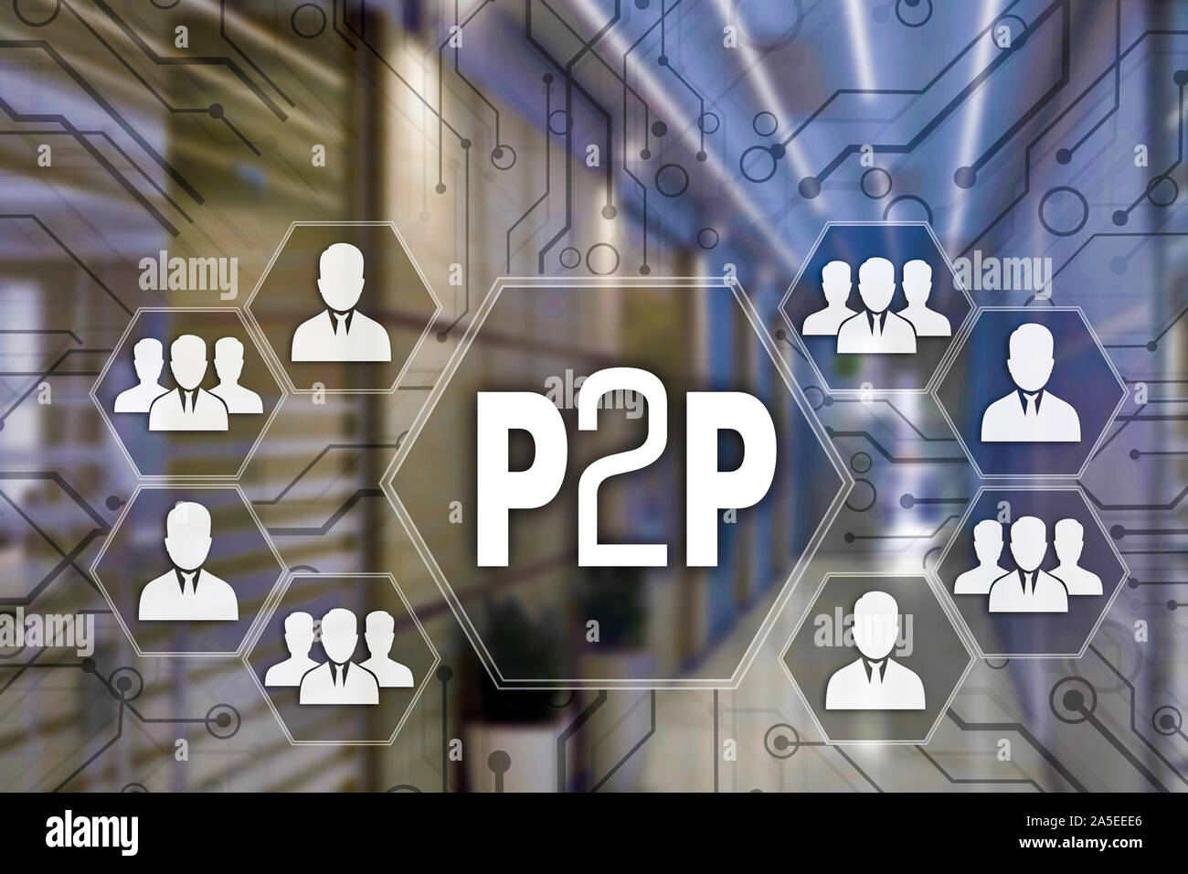 P2P, Peer to peer on the touch screen with a blur background of the ...
